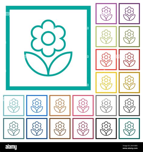 Single Flower Outline Flat Color Icons With Quadrant Frames On White Background Stock Vector
