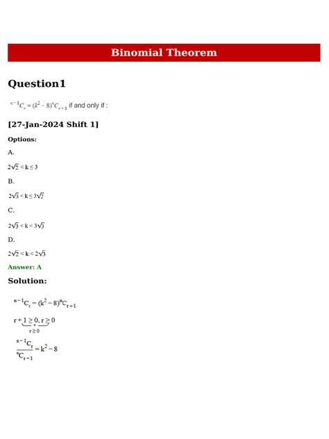 Binomial Theorem Jee Mains Pyq Pdf Mathematical Analysis Elementary Mathematics