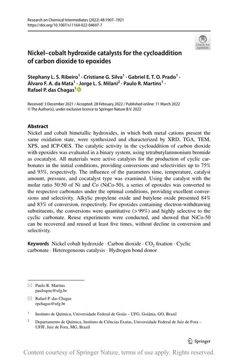 Nickelcobalt Hydroxide Catalysts For The Cycloaddition Of Carbon Dioxide To Epoxides Request Pdf