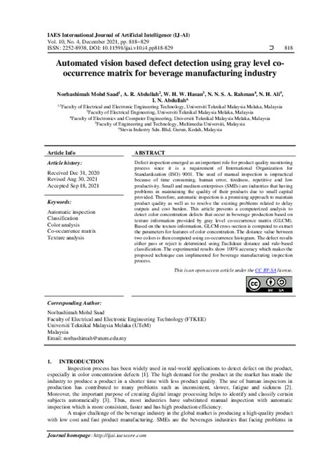 Pdf Automated Vision Based Defect Detection Using Gray Level Co Occurrence Matrix For Beverage
