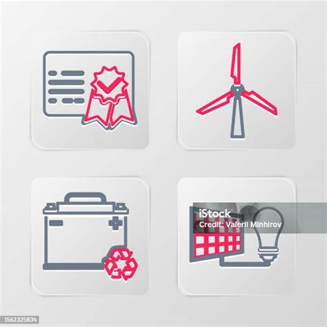 라인 태양 에너지 패널과 전구 재활용이 가능한 자동차 배터리 풍력 터빈 및 인증서 템플릿 아이콘을 설정합니다 벡터 깨끗한에 대한 스톡 벡터 아트 및 기타 이미지 Istock
