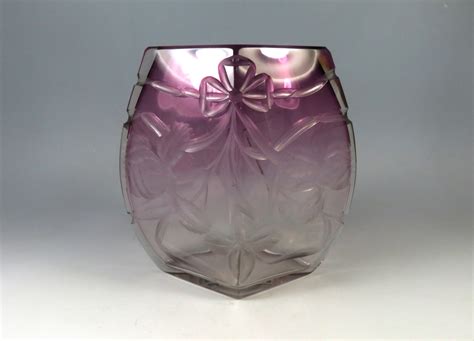 Moser Intaglio Deep Cut Glass Vase Mauve To Clear