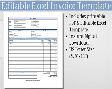 Editable Invoice Template In Excel Spreadsheet Excel Etsy
