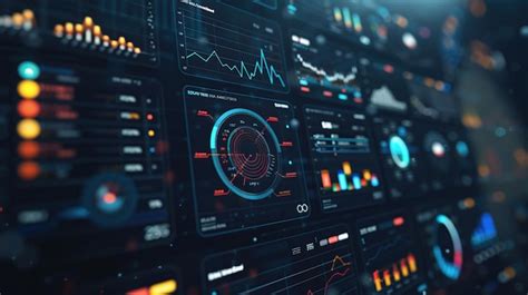 futuristic dashboard interface with various graphs charts and data