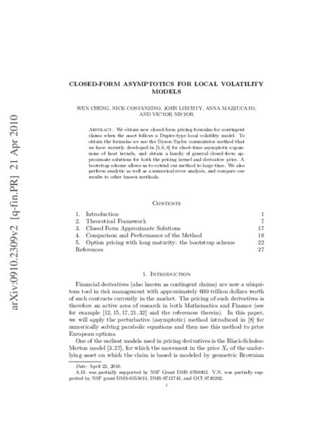 Pdf Closed Form Asymptotics For Local Volatility Models Victor Nistor