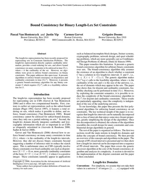 Bound Consistency For Binary Length Lex Set Constraints Carmen Gervet