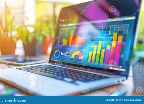 colorful analytics dashboard on a laptop screen with charts and graphs