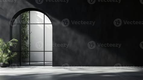 Aesthetic Arch Window Shape On Black Wall With Shadow Leaves Tree