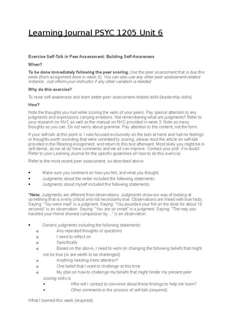 Learning Journal Psyc1205 Unit 6 Learning Journal Psyc 1205 Unit 6 Exercise Self Talk In Peer
