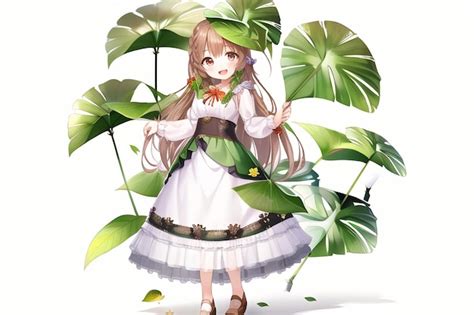 Premium Ai Image Anime Girl With A Plant And Leaves