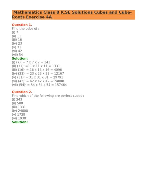 Class 8 Math Icse Cube And Cube Root Ex 4 Pdf Mathematical Objects Ring Theory