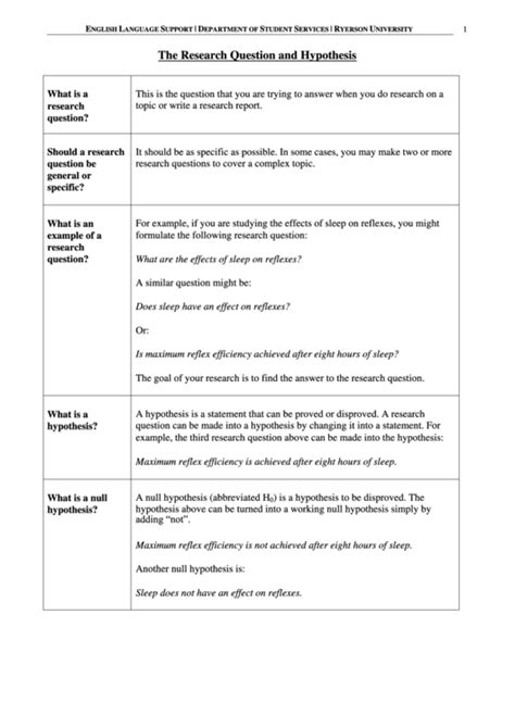 The Research Question And Hypothesis Printable Pdf Download