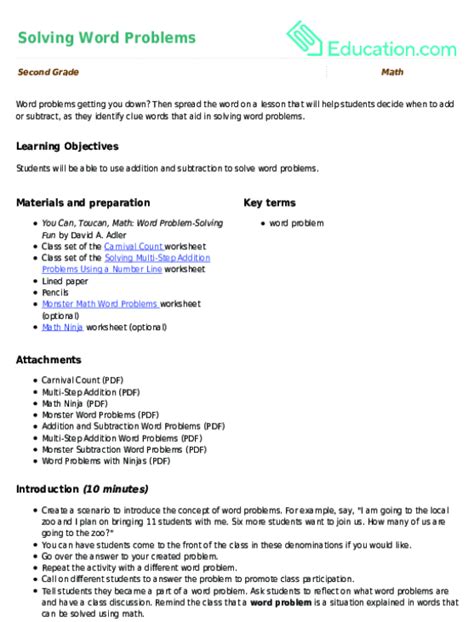 Solving Word Problems Lesson Plan Education