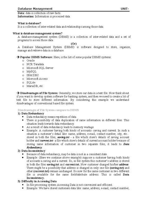 Dbms Unit I Comprehensive Notes On Database Management Systems Studocu