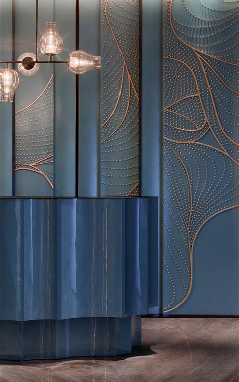 Art Deco Lobby Design With Tall Blue Vase Luxury Hotel Wall Design
