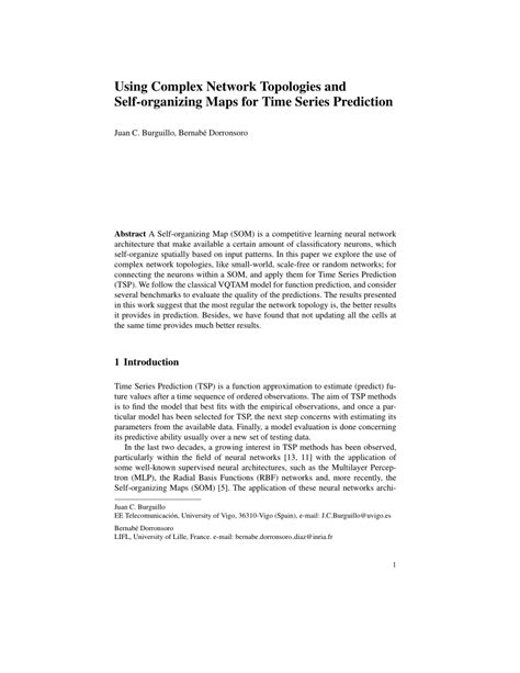 Pdf Using Complex Network Topologies And Self Organizing Maps For Time Series Prediction