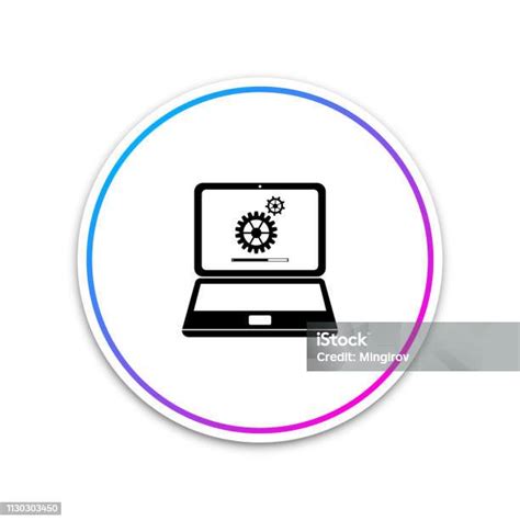 기어 박스 진행 및 로딩 바 아이콘이 흰색 배경에 고립 된 노트북 업데이트 프로세스 시스템 소프트웨어 업데이트 랩톱 화면에서 로드 프로세스입니다 동그라미 흰색 버튼 벡터