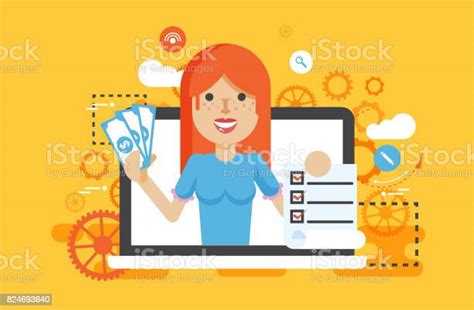 평면 스타일에서 신청서에 기입을 제공 하는 벡터 일러스트 레이 션 여자 노트북 노트북 Brand Name Online Messaging Platform에 대한 스톡 벡터