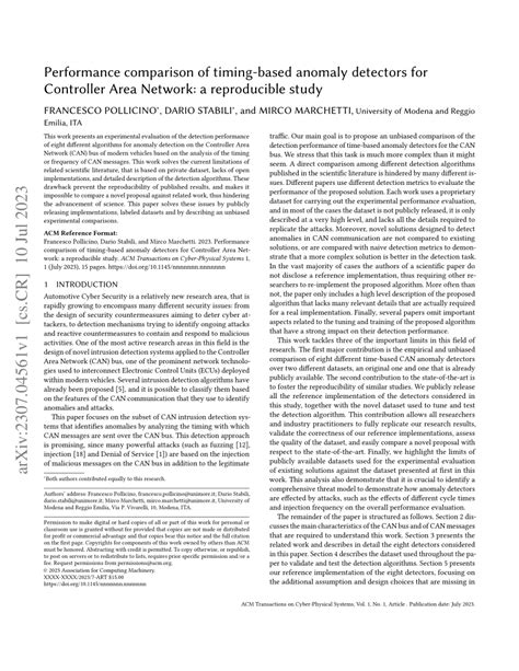 Pdf Performance Comparison Of Timing Based Anomaly Detectors For Controller Area Network A