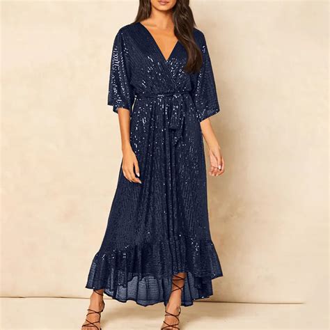 Elegant Womens Sparkle Evening Dress V Neck Three Quarter Sleeve
