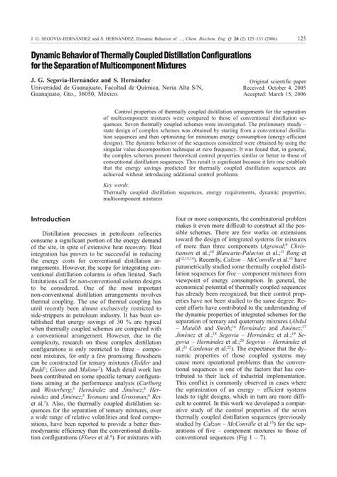 Pdf Dynamic Behavior Of Thermally Coupled Distillation Configurations For The Separation Of