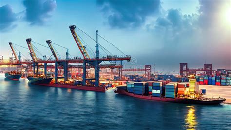 Port Where Cargo Ships Are Loading And Unloading Goods Container Lifting Crane And Logistics