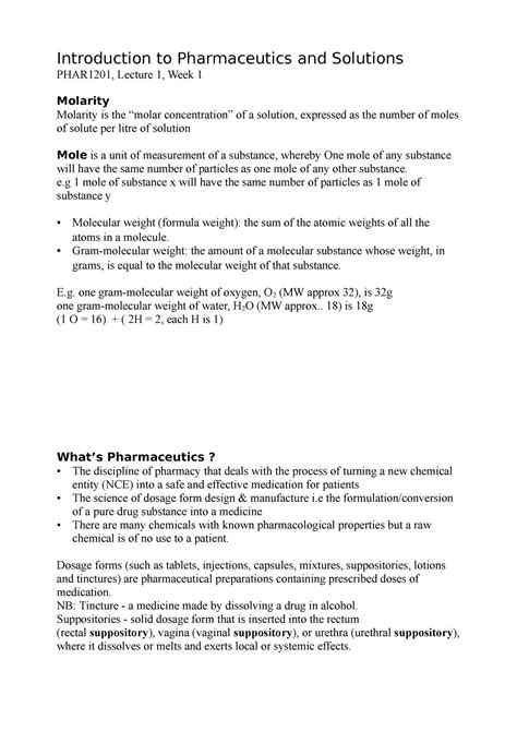 Pharm L Lecture Notes Introduction To Pharmaceutics And Solutions PHAR Lecture