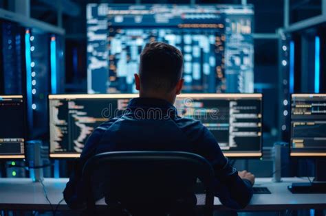 A Man Is Seated At A Desk Busy Working On Three Computer Monitors Collaborating With