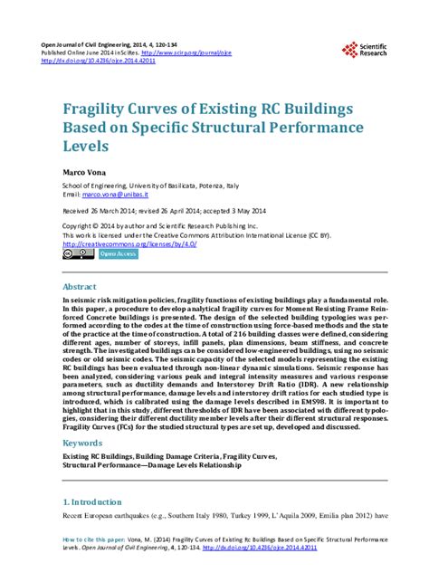 Pdf Fragility Curves Of Existing Rc Buildings Based On Specific Structural Performance Levels