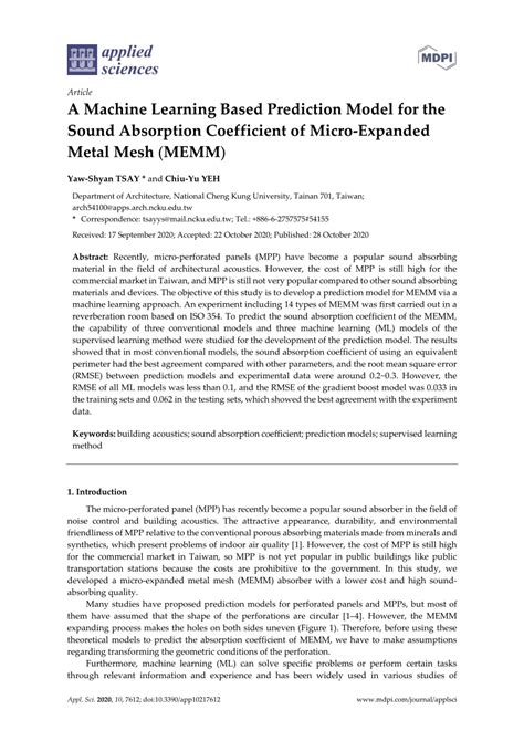 Pdf A Machine Learning Based Prediction Model For The Sound Absorption Coefficient Of Micro
