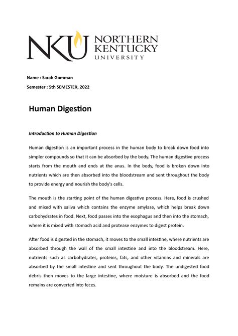 Lecture Notes Human Digestion Biology Name Sarah Gomman Semester