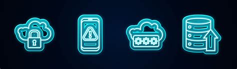 라인 클라우드 컴퓨팅 잠금 느낌표가 있는 모바일 암호 보호 및 서버 데이터 웹 호스팅을 설정합니다 빛나는 네온 아이콘 벡터 개성 개념에 대한 스톡 벡터 아트 및 기타 이미지