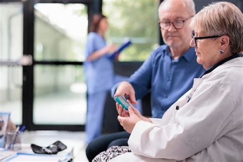 Premium Photo Senior Medic Taking Patient Insulin Level Test Using Glucometer In Hospital