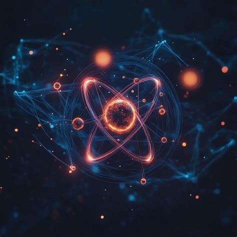Abstract Atom With Glowing Blue Energy Lines And Orange Particles In