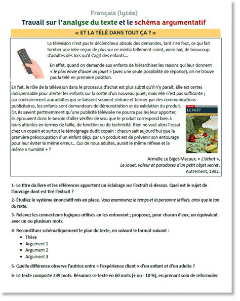 Français Lycée Travail Sur Lanalyse De Texte Exercices à Imprimer