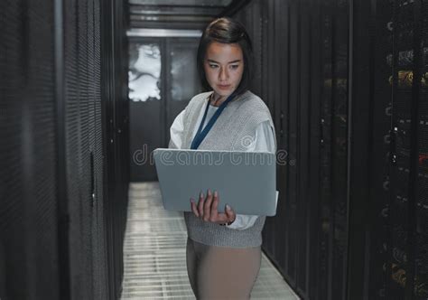 Woman With Laptop Server Room And It Engineer And Datacenter With