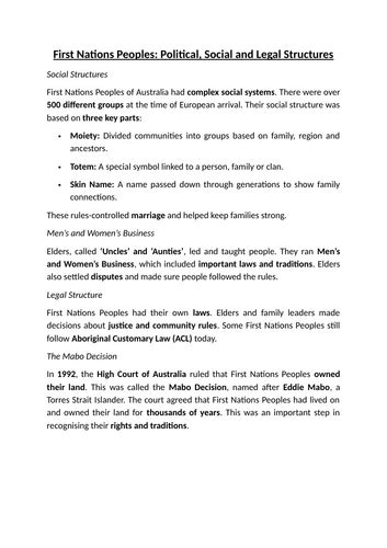 Political And Legal Structures Of First Nations Peoples Teaching