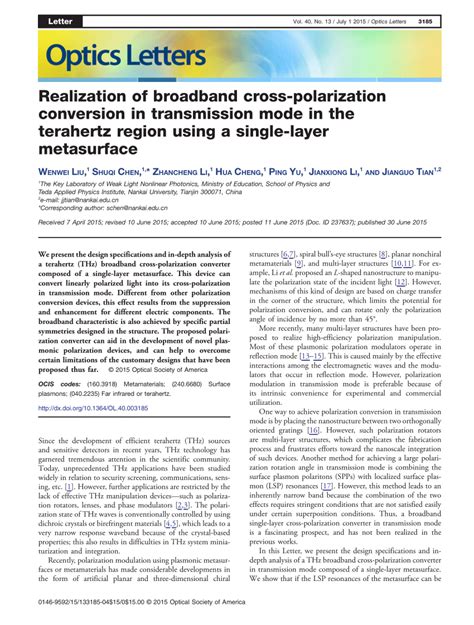 Pdf Realization Of Broadband Cross Polarization Conversion In Transmission Mode In The