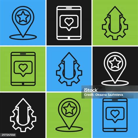 별 화살표 성장 기어 비즈니스 및 휴대 전화와 하트 아이콘으로 선지도 포인터를 설정합니다 벡터 Brand Name Smart Phone에 대한 스톡 벡터 아트 및 기타