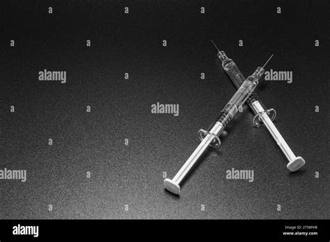 Medical Syringes And Needles On Black Background Medical Concept Laboratory Subcutaneous