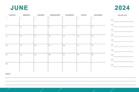 2024년 6월 달력 월간 플래너 템플릿 일요일 시작 벡터 디자인 프리미엄 벡터