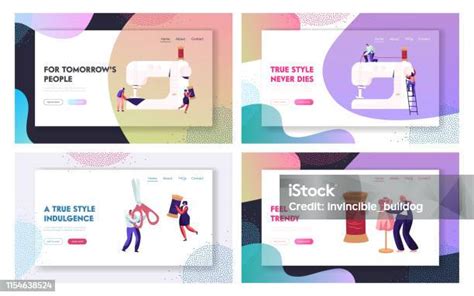 패션 디자인 웹 사이트 랜딩 페이지 세트 양 재 업체는 마네킹을 사용 하 여 봉 제 기계 보조에 의상과 의류를 만듭니다 크리에이티브 아 틀 리에 웹 페이지 만화 평면 벡터