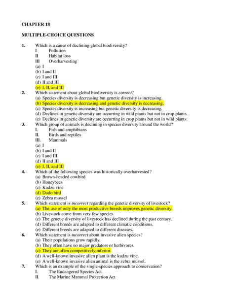 Chapter 18 Multiple Choice Questions Exams Environmental Science