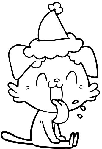 산타 모자를 쓰고 헐떡이는 강아지의 손으로 그린 선 그림 개에 대한 스톡 벡터 아트 및 기타 이미지 개 귀여운 낙서 드로잉 Istock