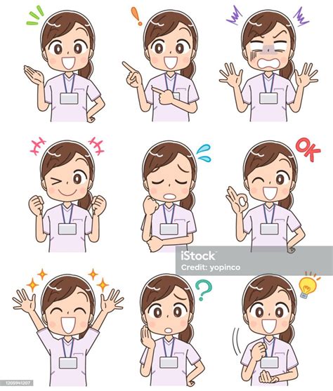 희끄무레한 제복을 입은 젊은 간호사 여성 그녀는 다양한 표정을 가지고 있다 간호사에 대한 스톡 벡터 아트 및 기타 이미지 간호사 개체 그룹 건강관리와 의술 Istock