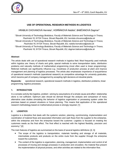 Pdf Use Of Operational Research Methods In Logistics