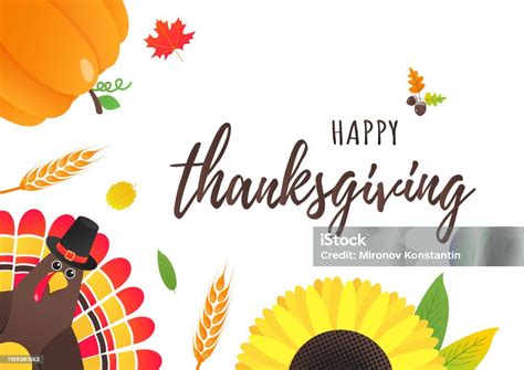 터키 텍스트 단풍 해바라기 옥수수와 호박 행복 한 추수 감사절 플랫 스타일 디자인 포스터 벡터 일러스트 모자와 색깔의 깃털 터키