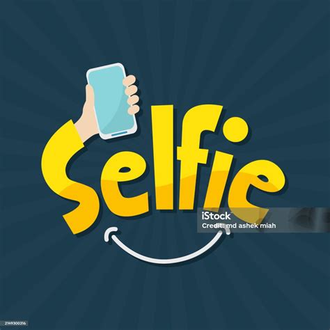 파란색 배경에 스마트 폰 크리 에이 티브 타이포그래피 개념으로 셀카를 찍습니다 손과 미소 벡터입니다 Selfie 슬로건 텍스트 벡터 일러스트 레이 션입니다 이기주의에 대한