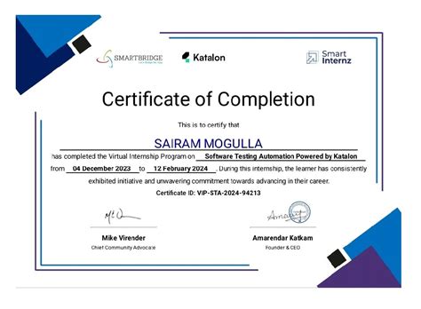 Accomplished Software Testing Intern Sairam Mogulla Posted On The