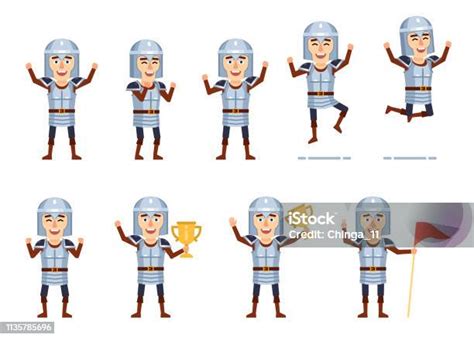 다른 성공 액션을 보여주는 중세 나이트 캐릭터의 집합입니다 황금 컵을 들고 쾌활 한 기사 점프 축 하 및 기타 작업을 보여주는 감정에 대한 스톡 벡터 아트 및 기타 이미지